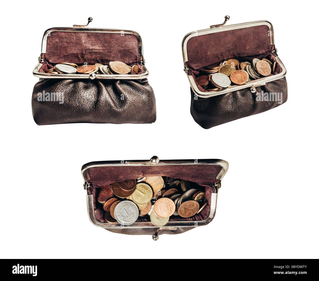 Isolated photo of coins in leather old fashioned wallet on white ...