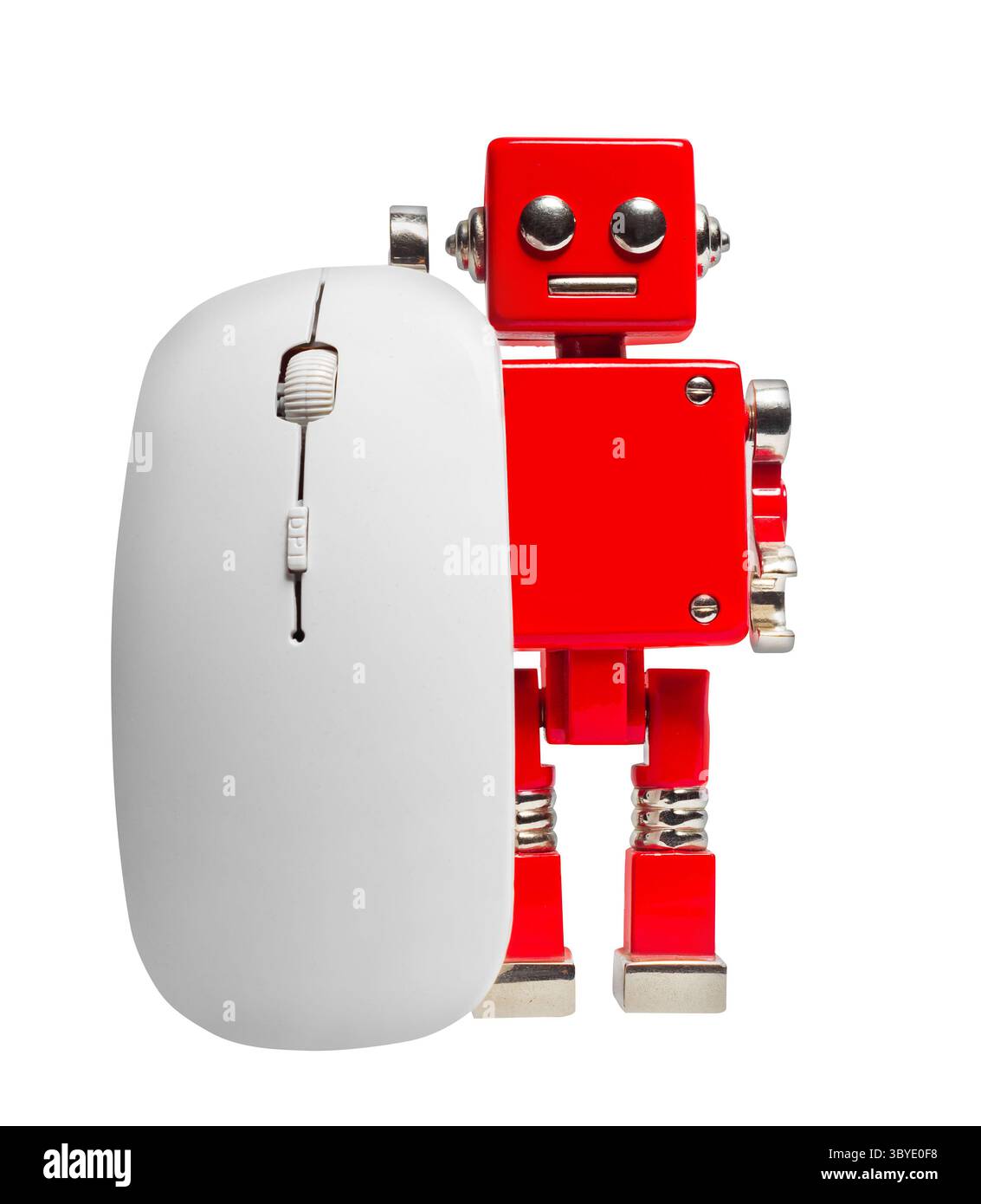 Isolated photo of red toy robot holding wireless computer mouse on ...