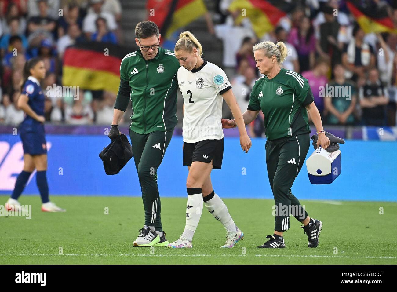 Sarai LINDER (GER) injured. UEFA Women's EURO 2025 football match, quarterfinal France (FRA) vs ...