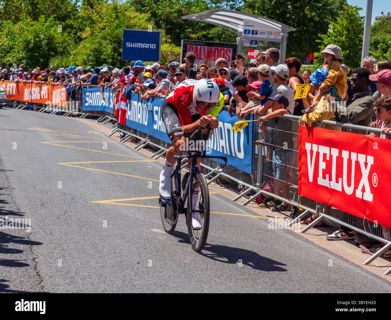 Caen, France, July 9, 2025. A Lidl-Trek cyclist during the time trial ...