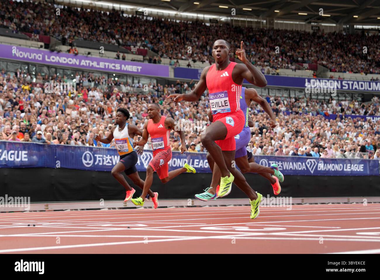 Oblique Seville (JAM) wins the 100m in 9.86 during the London Athletics Meet at London Stadium ...