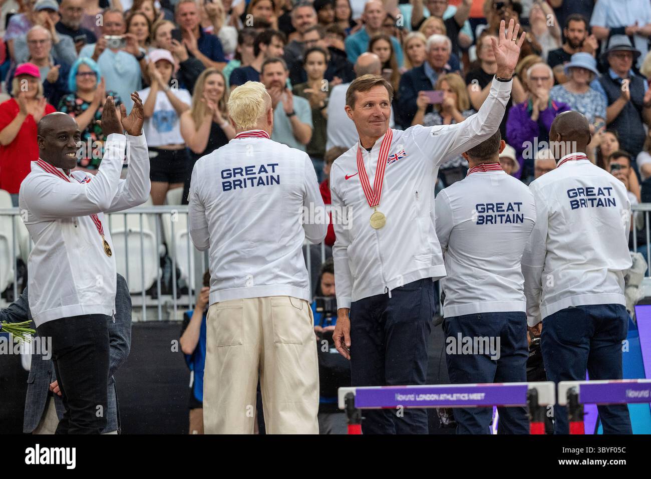 London, UK. 19 July 2025. Britain’s men’s 4x400m relay team from the ...