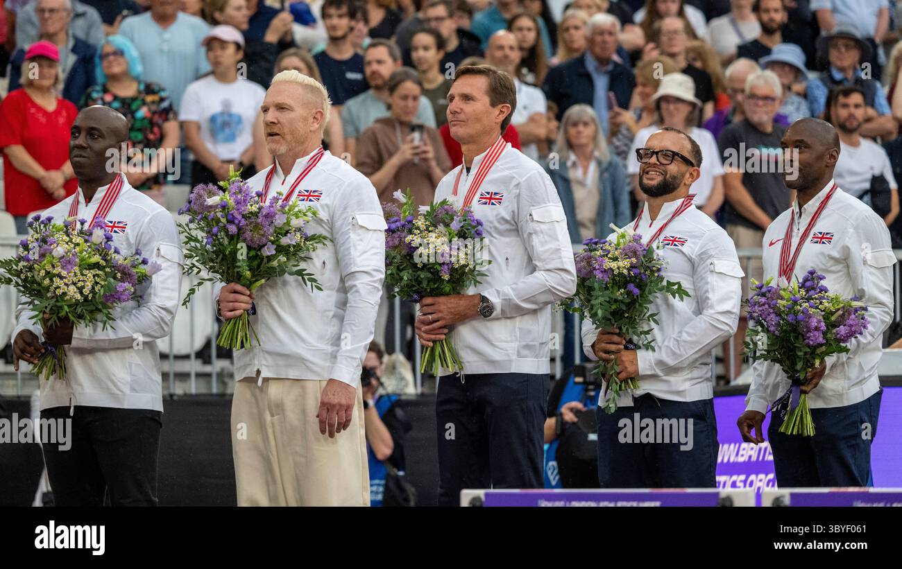 London, UK. 19 July 2025. Britain’s men’s 4x400m relay team from the ...