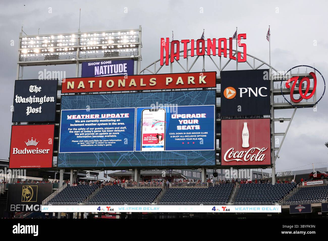 A weather delay commences before a baseball game between the Washington ...