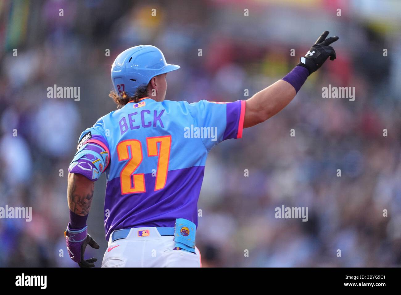 Colorado Rockies left fielder Jordan Beck (27) in the second inning of ...