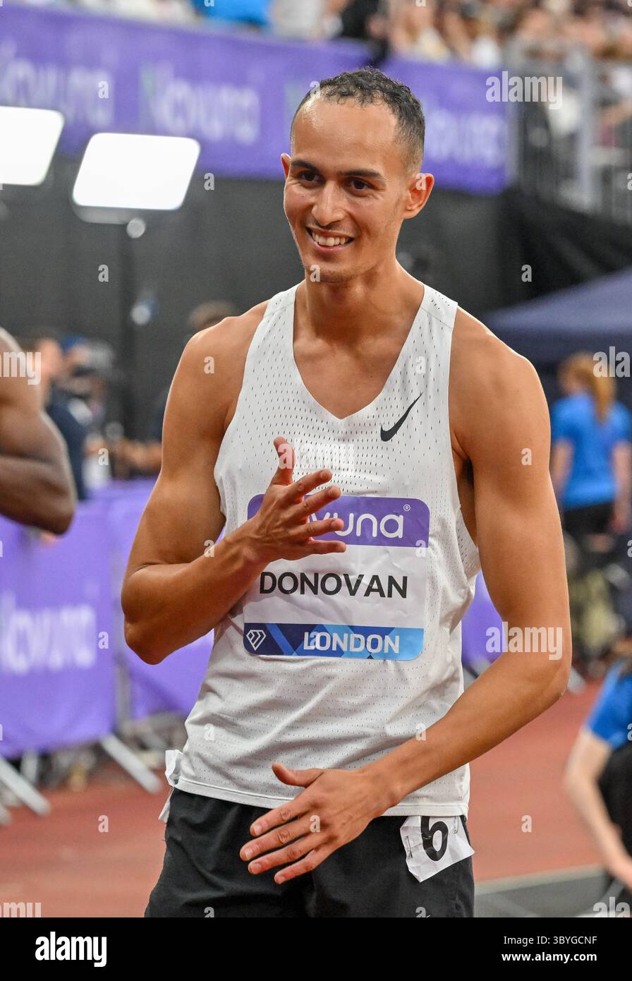 London, UK, 19 July 2025. DONOVAN Tyri wins the 400m Hurdles Men National during the Novuna ...