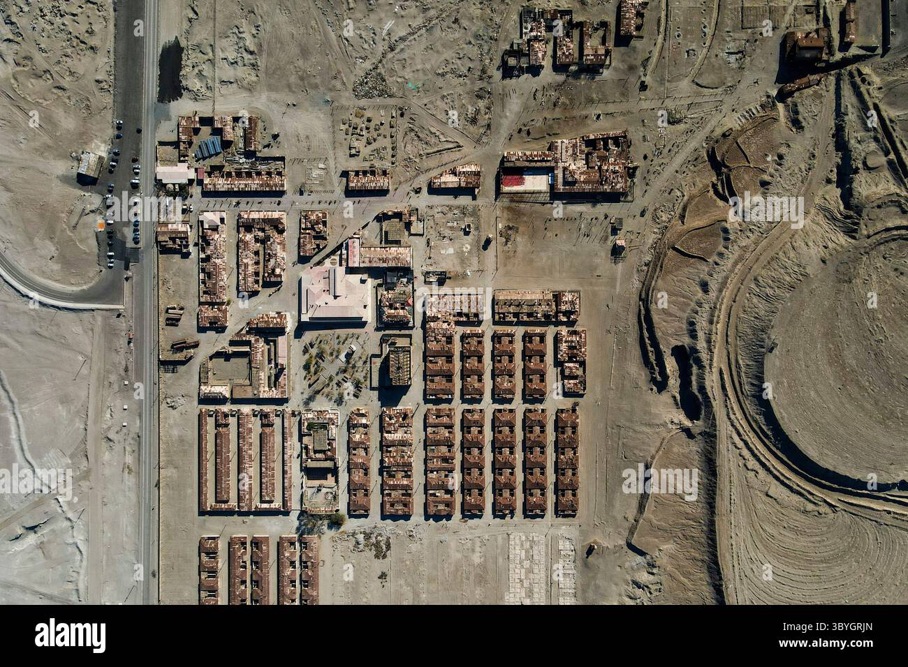 An aerial view of the abandoned town of Humberstone, a former saltpeter ...