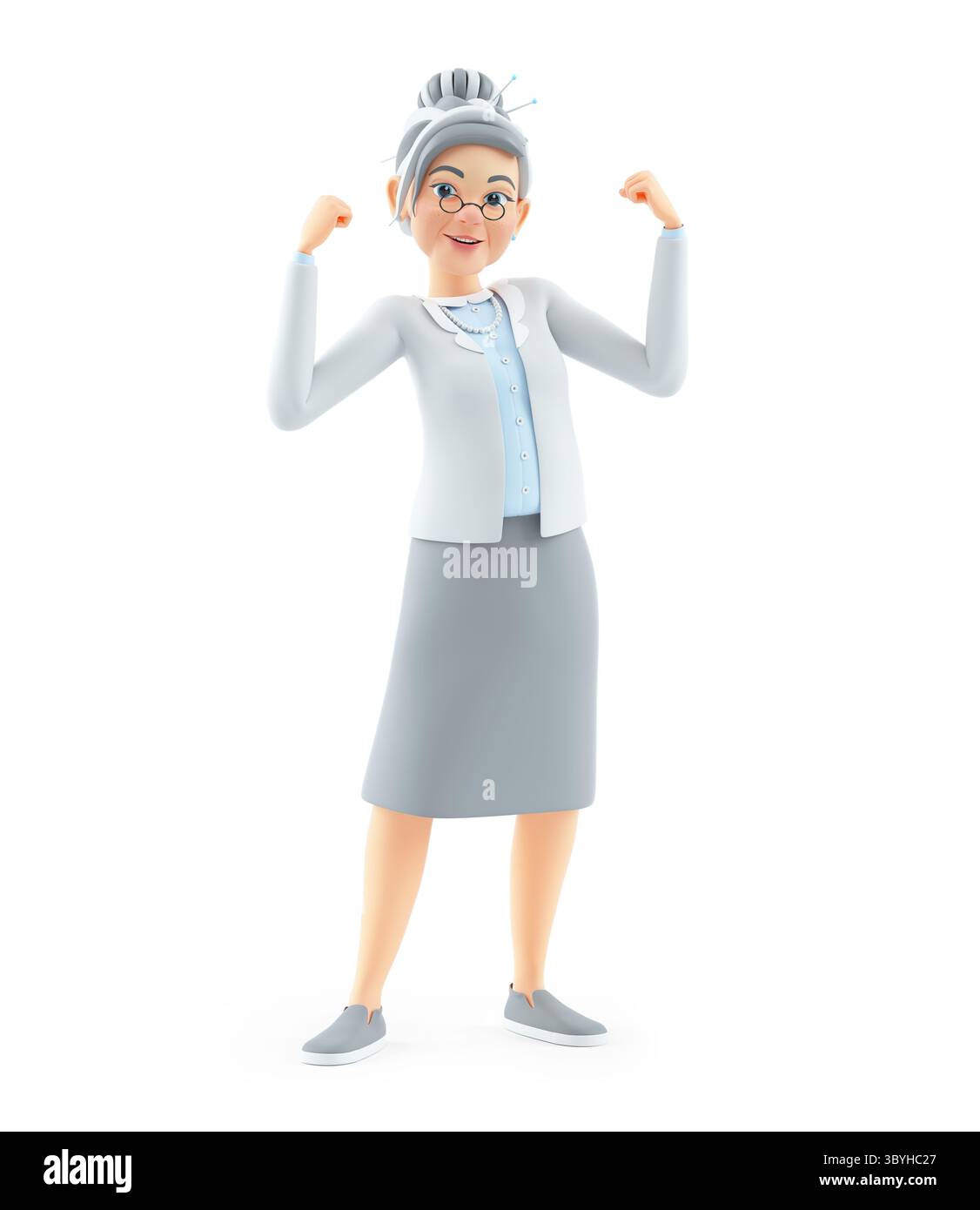 3d cartoon granny flexing arm muscles, illustration isolated on white ...