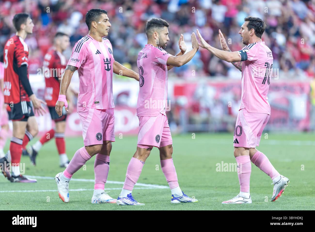 Luis Suárez, Jordi Alba and Lionel Messi of Inter Miami during a match ...
