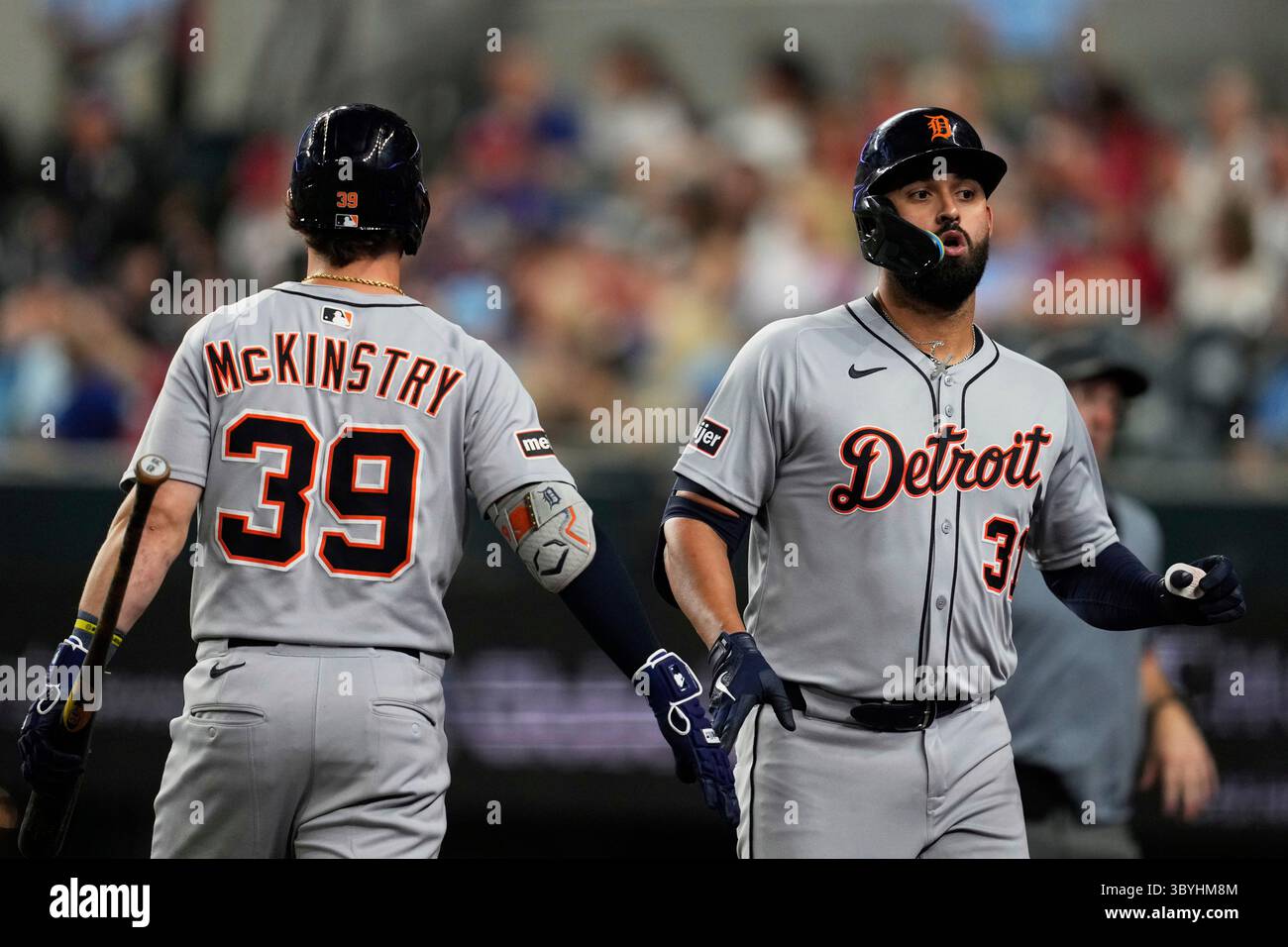 Detroit Tigers' Zach McKinstry (39) and Riley Greene, right, celebrate ...