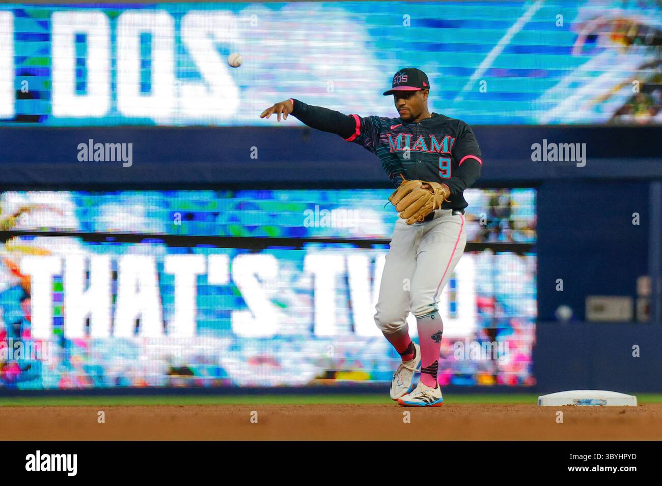 MIAMI, FL - JULY 19: Miami Marlins shortstop Xavier Edwards (9) throws ...