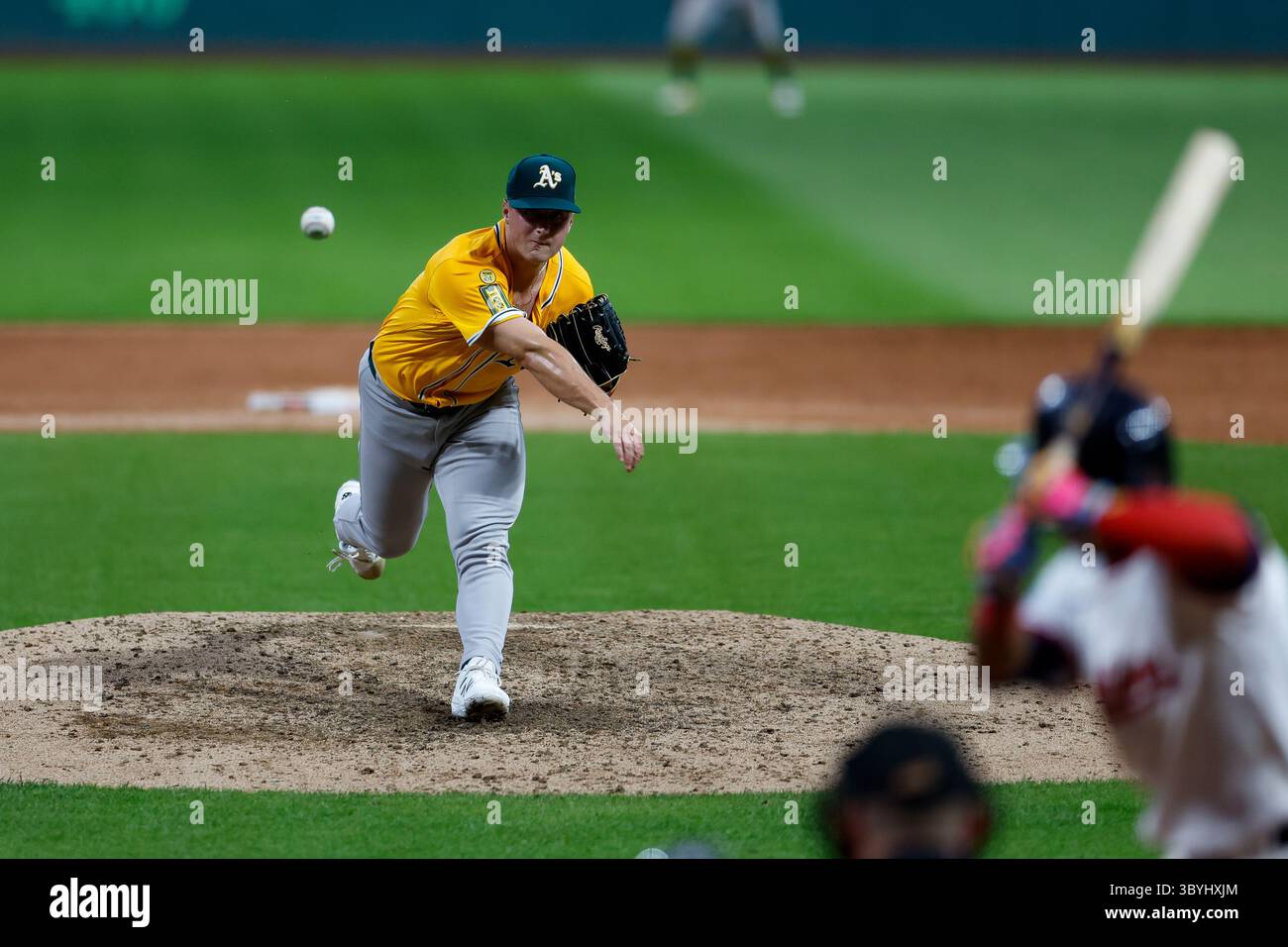 July 19, 2025: Athletics pitcher Jack Perkins (50) pitches the ball ...
