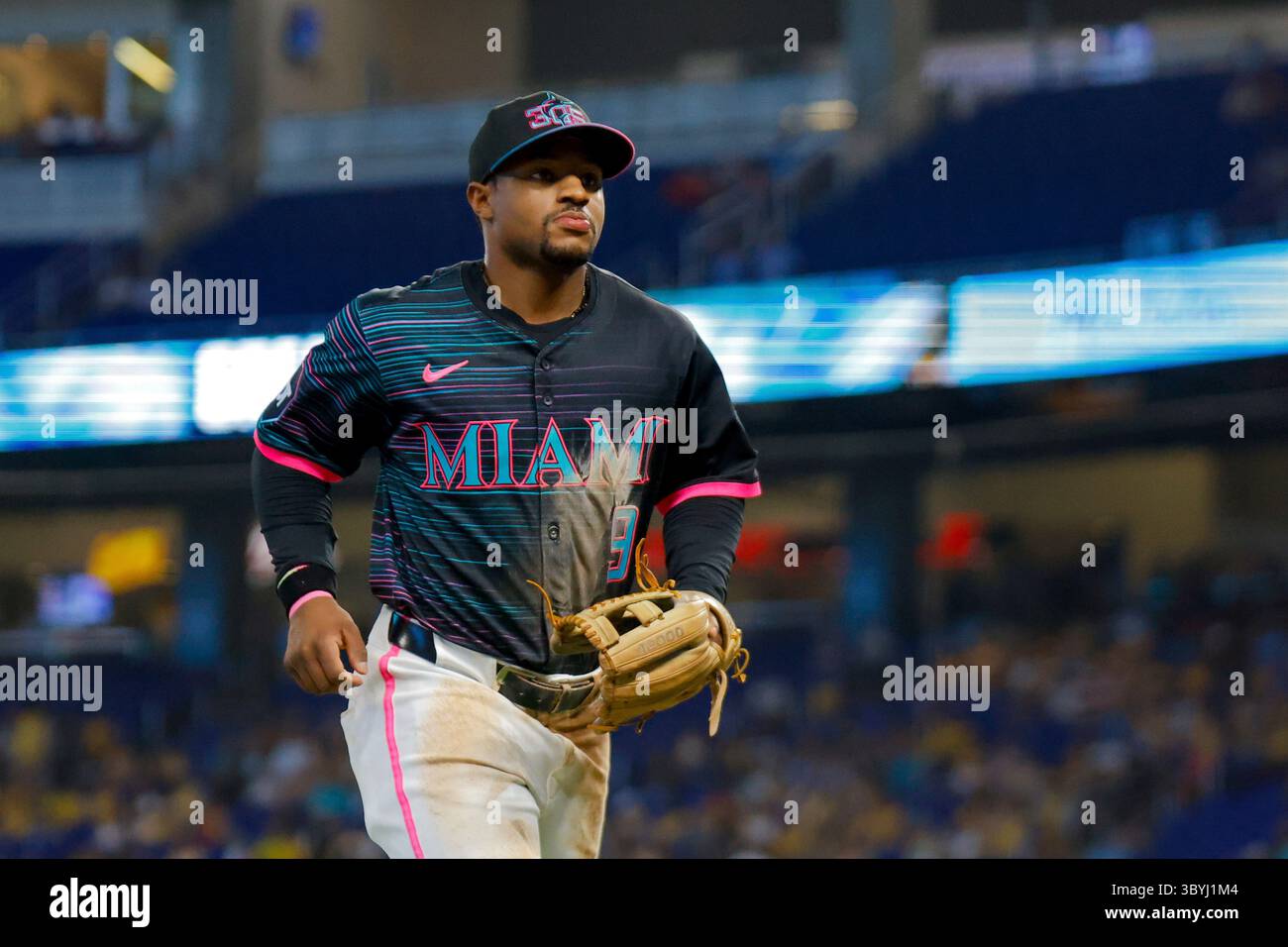 MIAMI, FL - JULY 19: Miami Marlins shortstop Xavier Edwards (9) looks ...