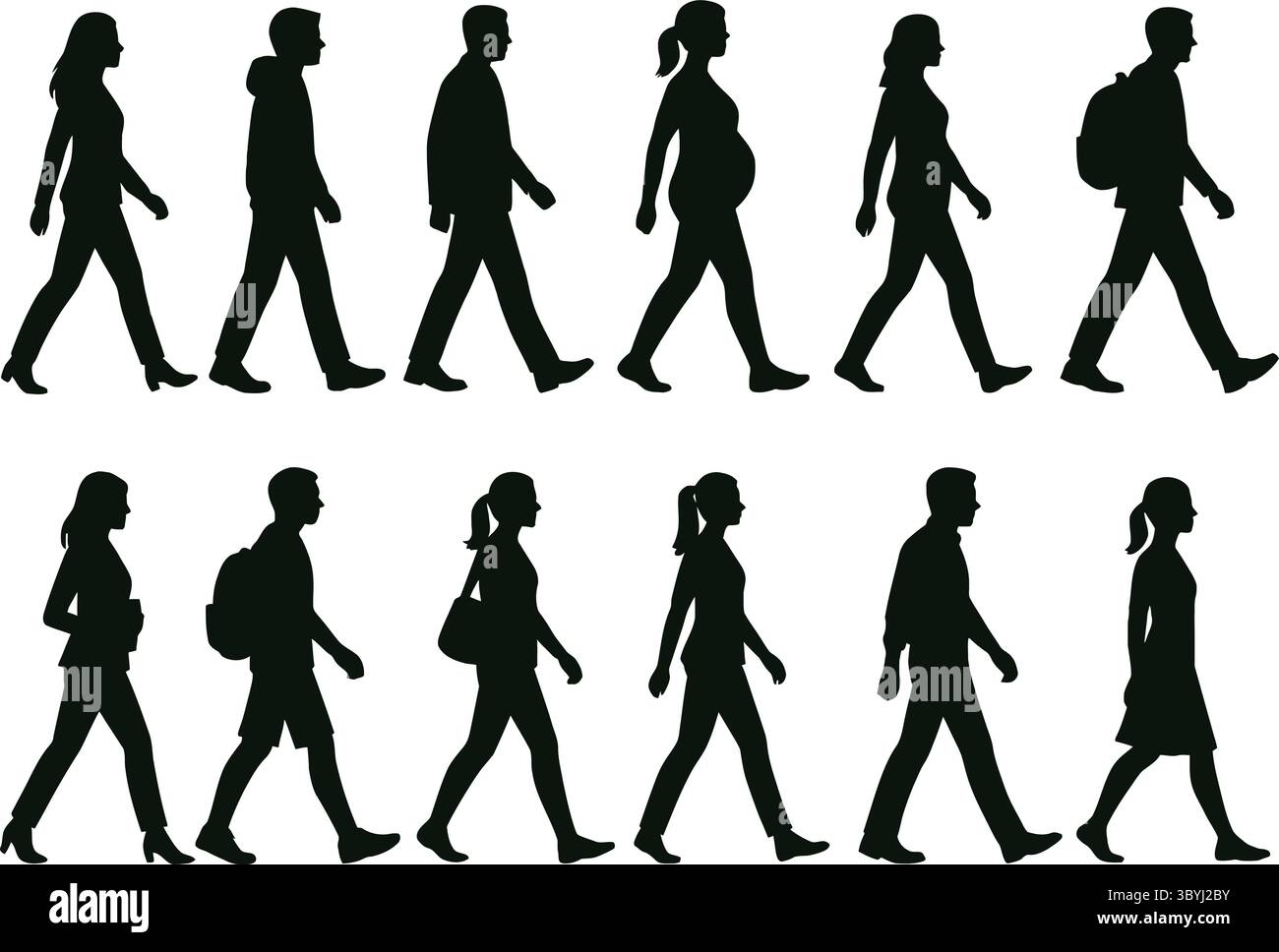 Black and White Silhouette Illustrations of People Walking in Various ...