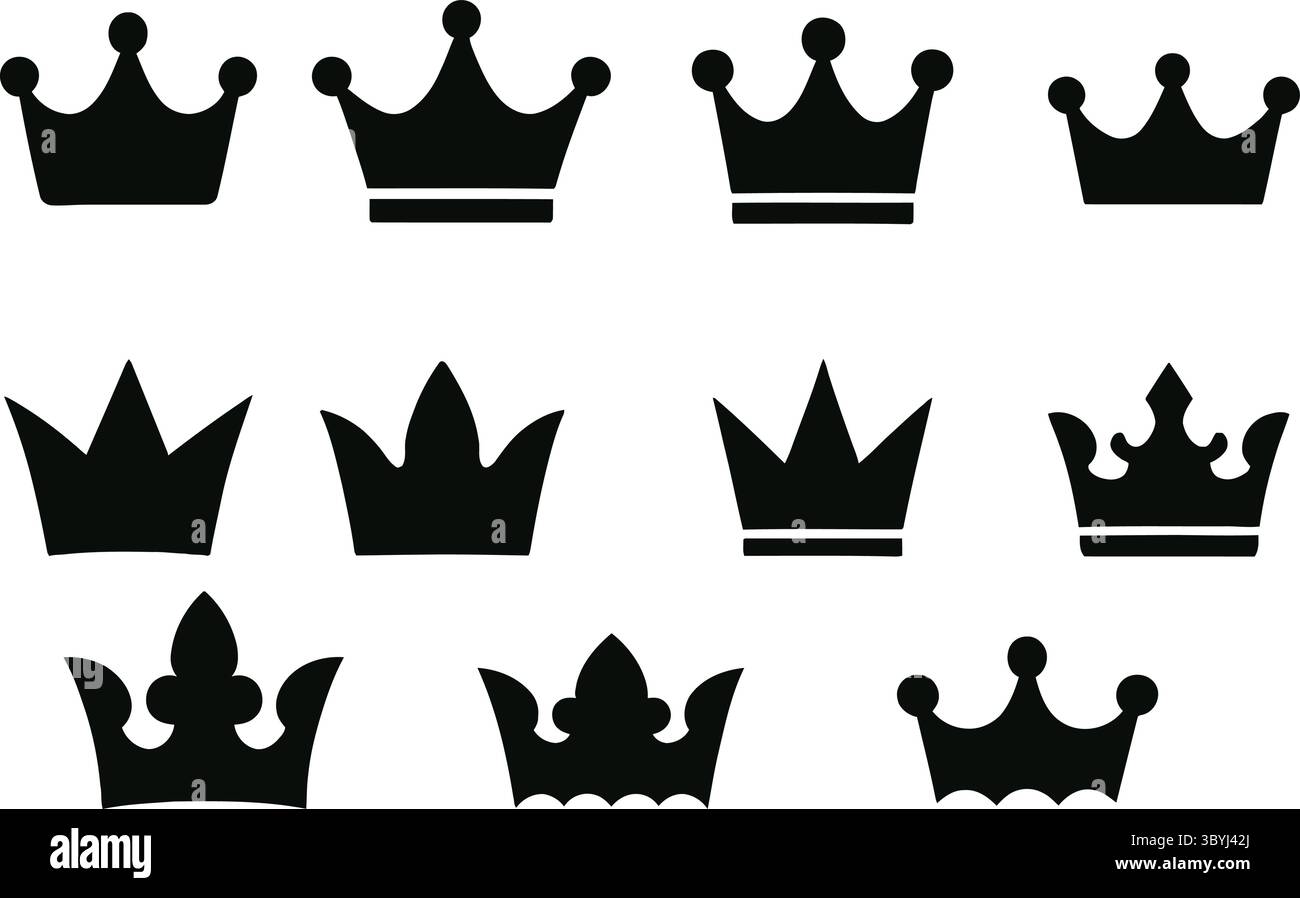 Collection of black crown silhouette icons in various royal and ...