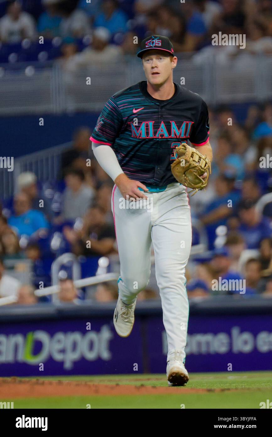MIAMI, FL - JULY 19: Miami Marlins first base Eric Wagaman (33) looks ...