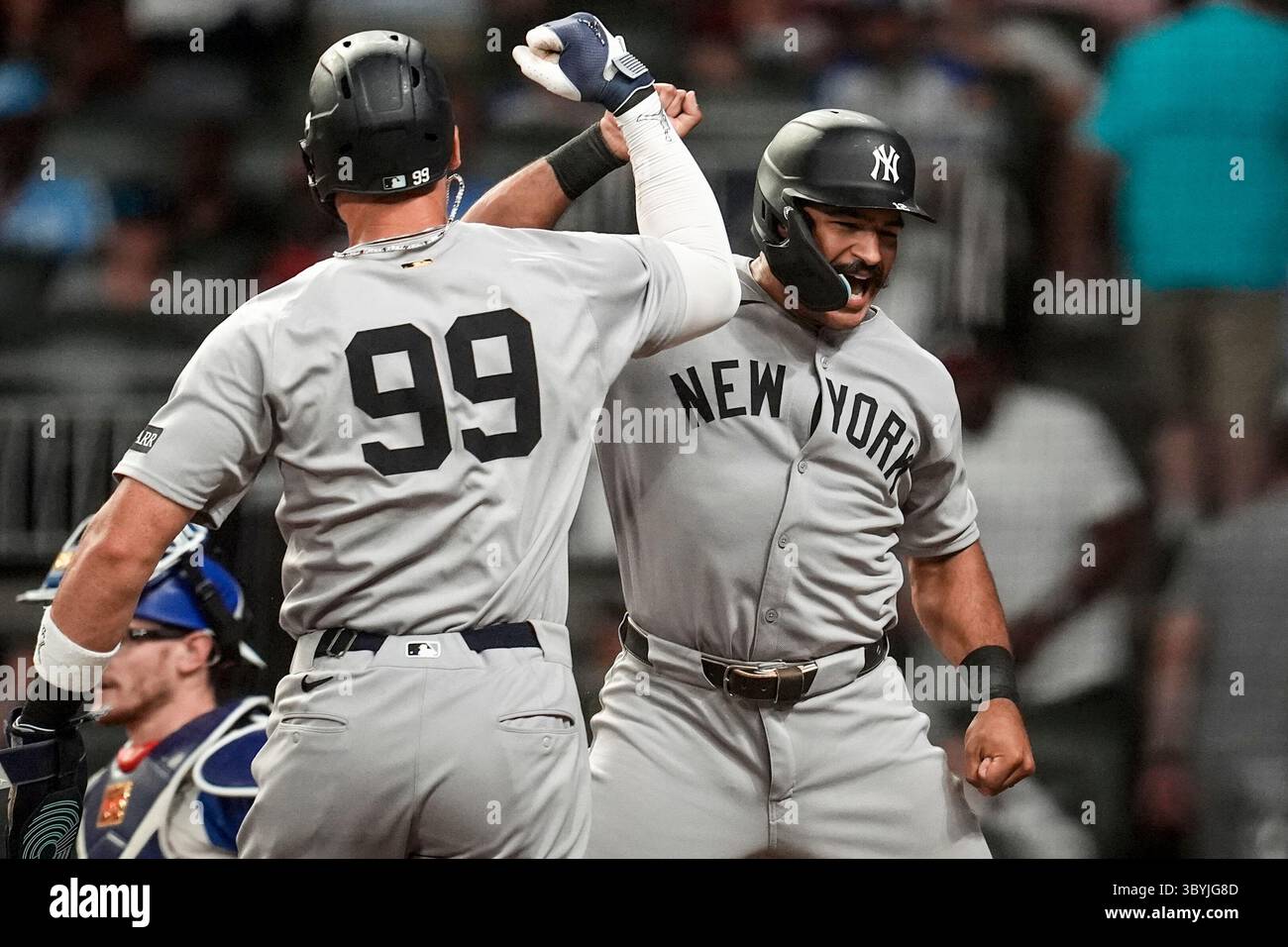 New York Yankees' Trent Grisham (12) celebrates his grand slam home run ...