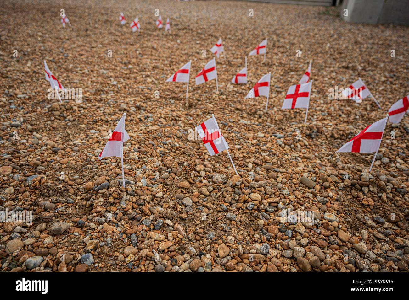 St. George's flags planted on the stone beach of Dover, across the ...