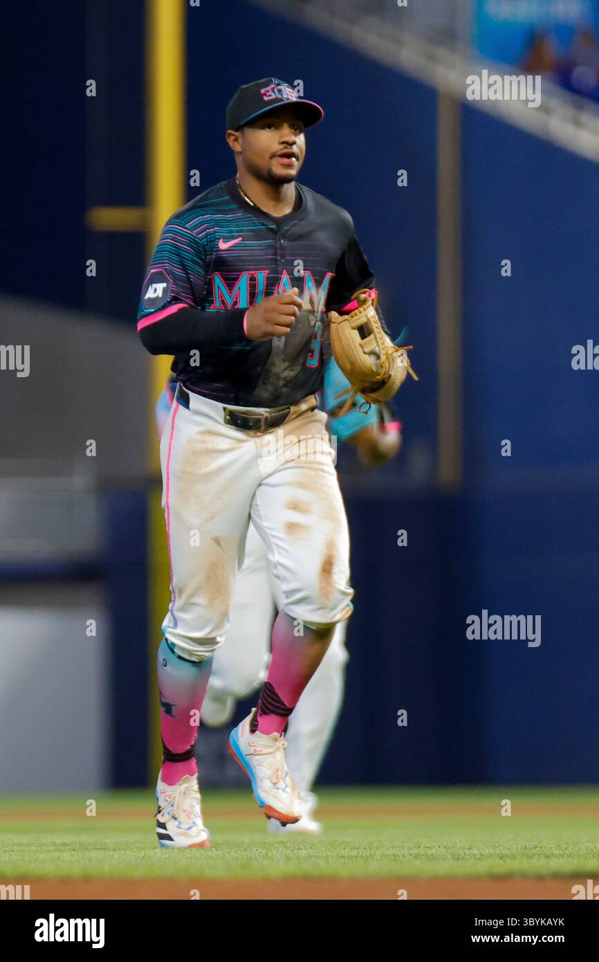 MIAMI, FL - JULY 19: Miami Marlins shortstop Xavier Edwards (9) looks ...