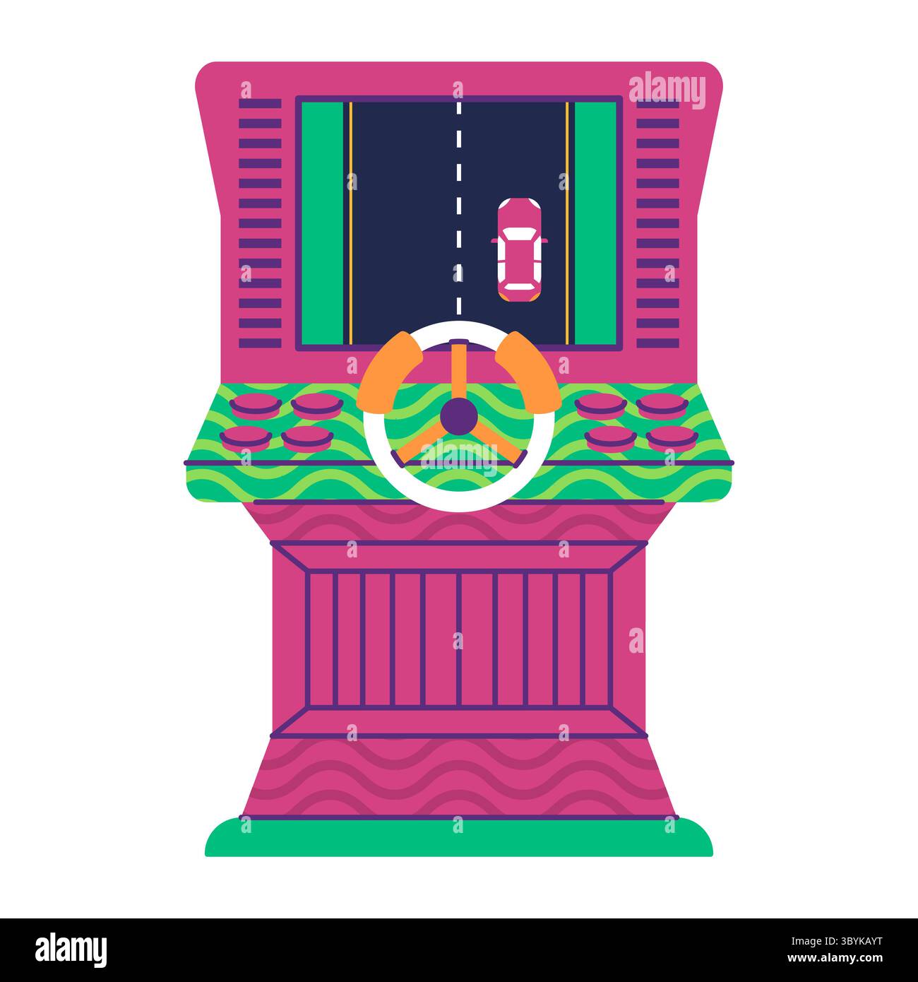 A vibrant vector illustration of a classic arcade video game cabinet screen displaying a racing ...