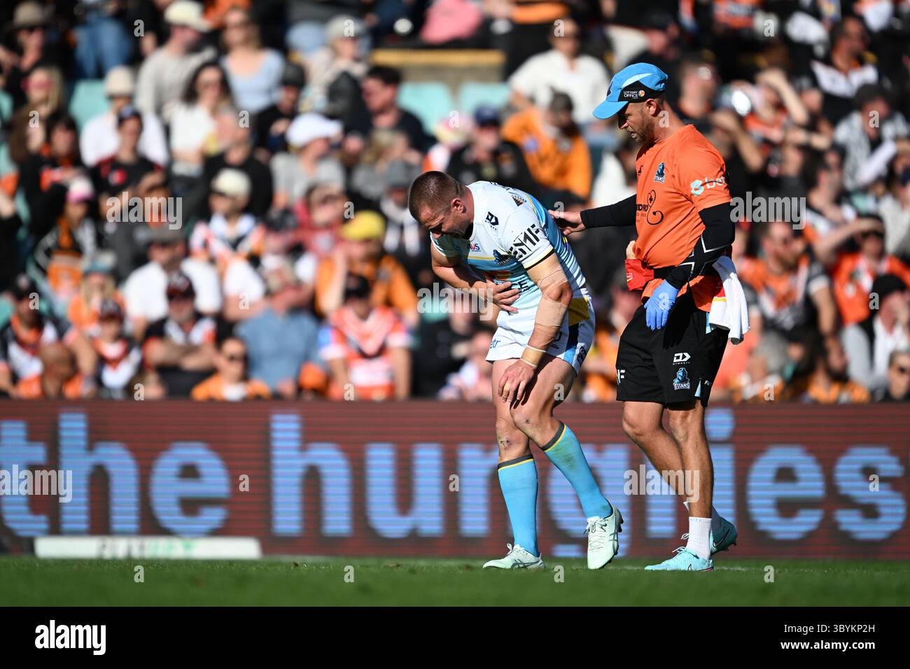 An injured Kieran Foran of the Titans during the NRL Round 20 match ...