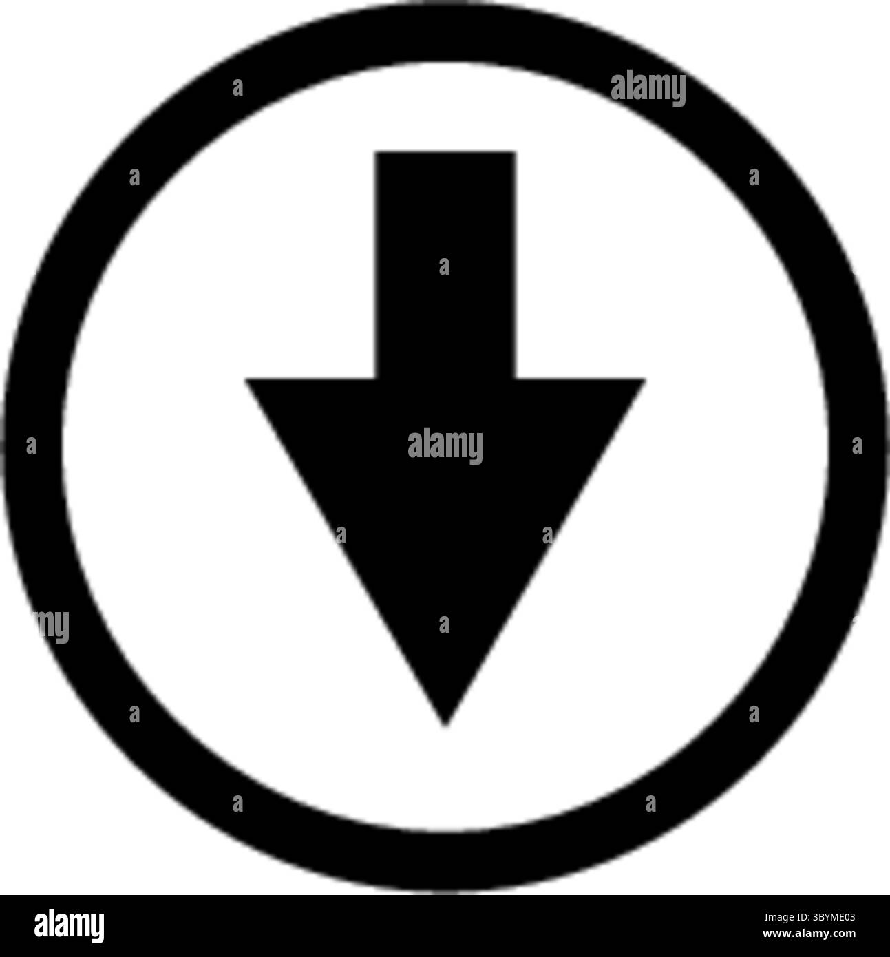 A simple, bold black downward pointing arrow is enclosed within a black oval outline on a white ...