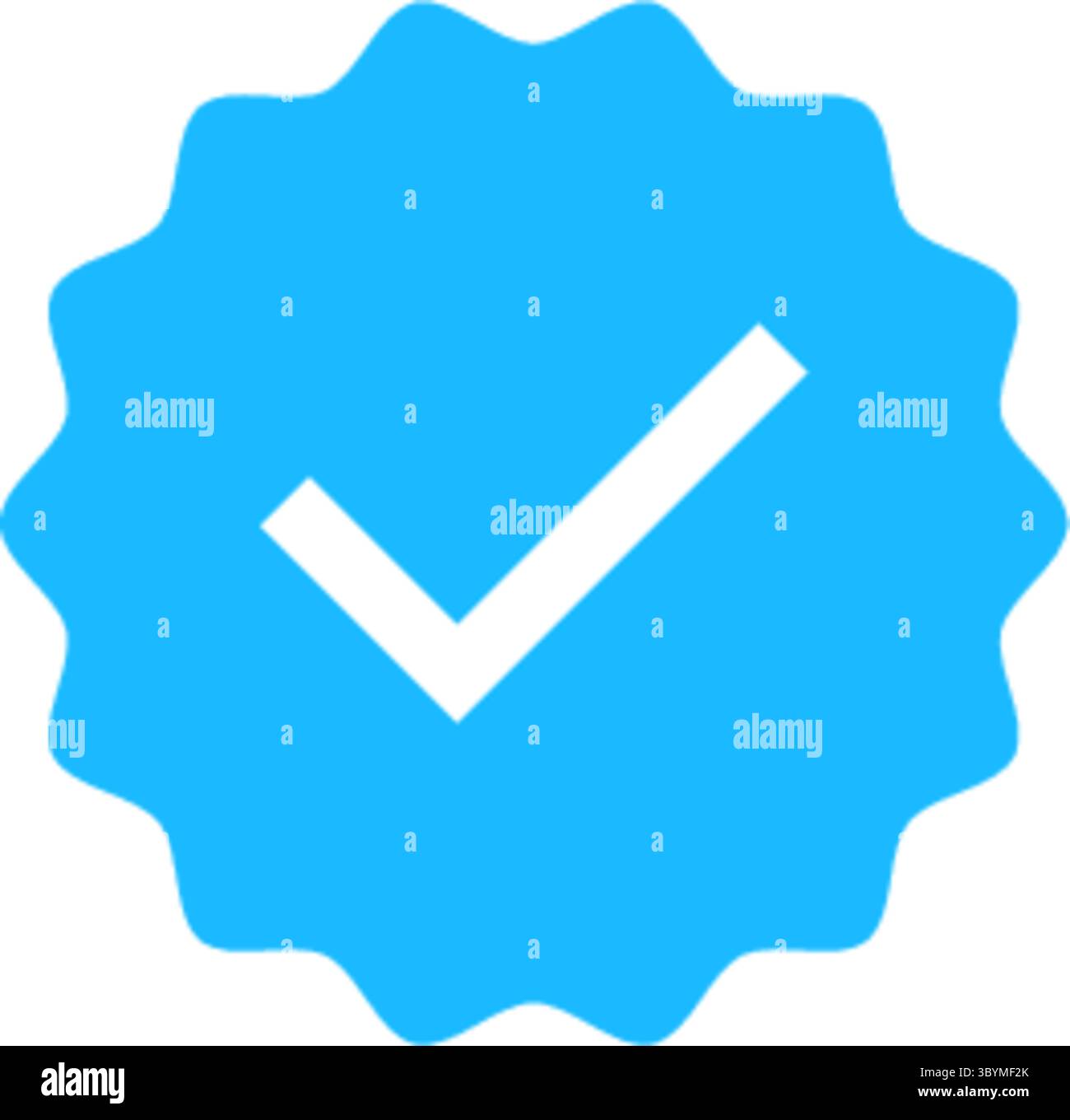 A bright blue, starburst-shaped badge with a white checkmark inside ...