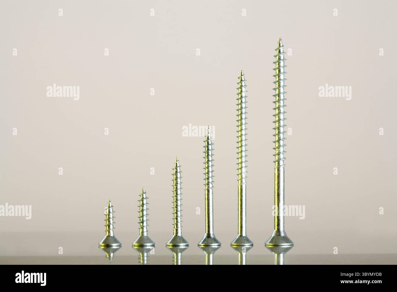 Six different sized screws next to each other on white background Stock ...
