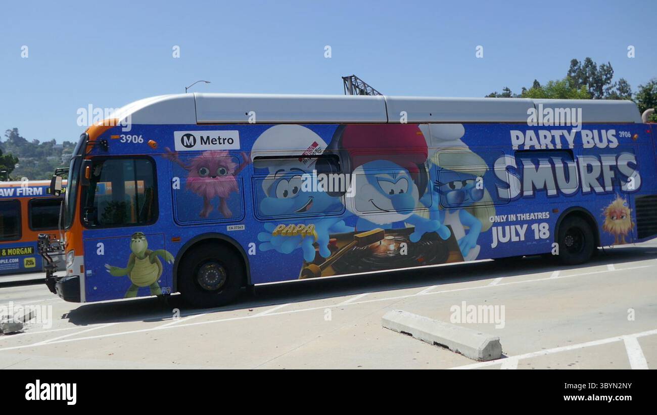 Los Angeles, California, USA 2nd July 2025 Smurfs Party Bus Billboard ...