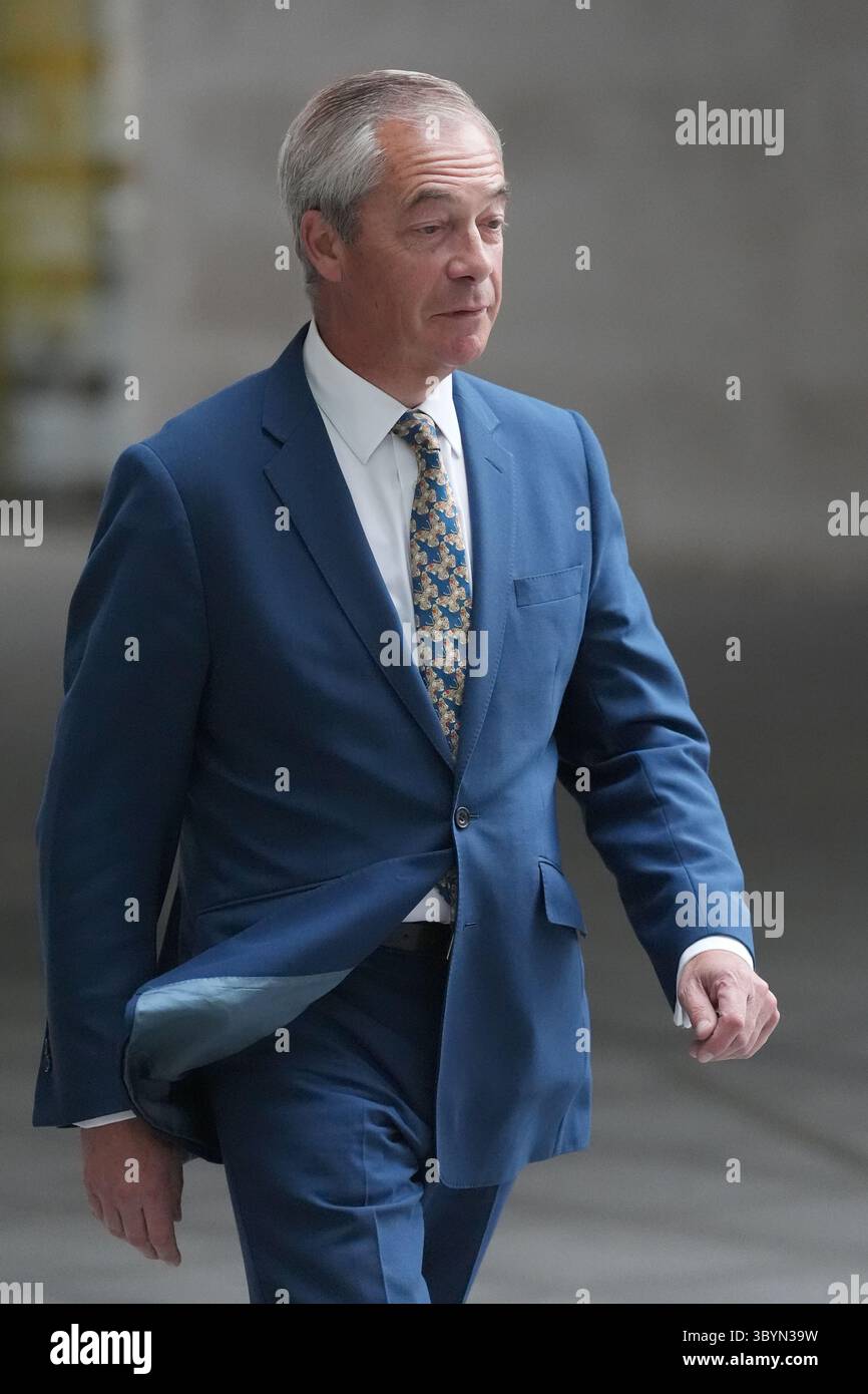 Reform UK leader Nigel Farage arrives at BBC Broadcasting House in ...