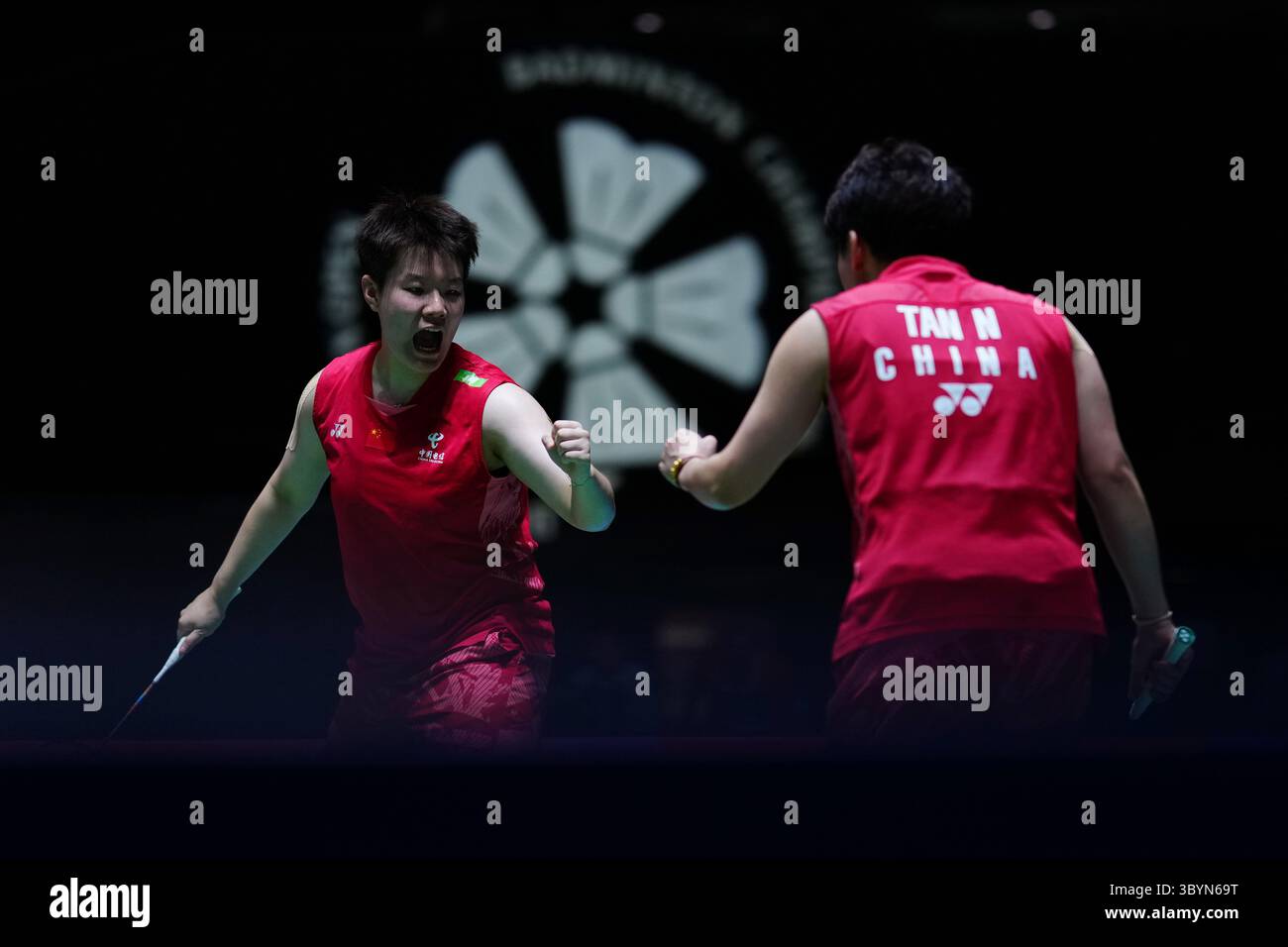 Tokyo, Japan. 20th July, 2025. Liu Shengshu (L)/Tan Ning celebrate a score during the women's ...
