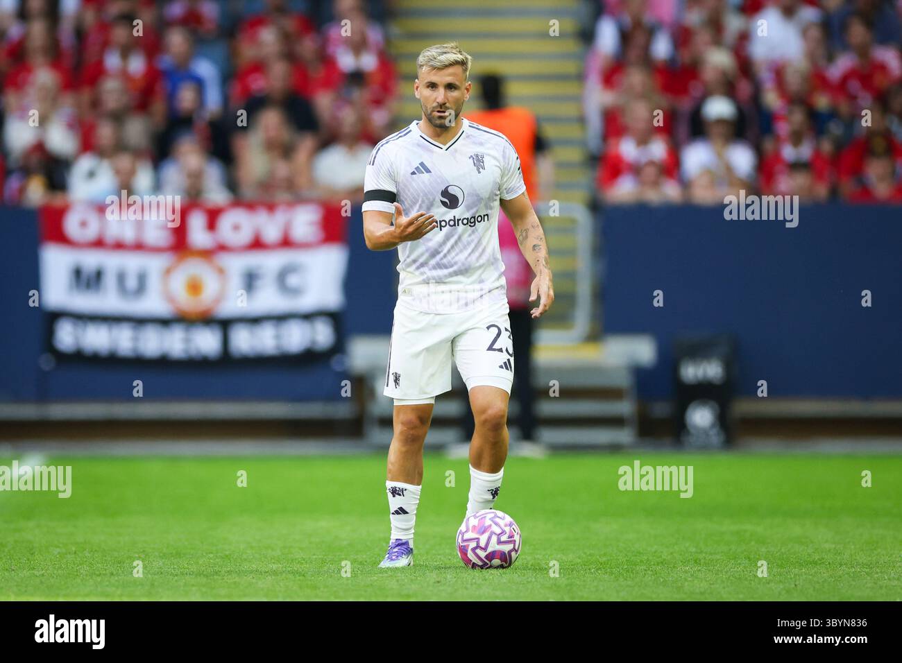 Stockholm, Sweden. 19th July, 2025. Manchester United defender Luke ...