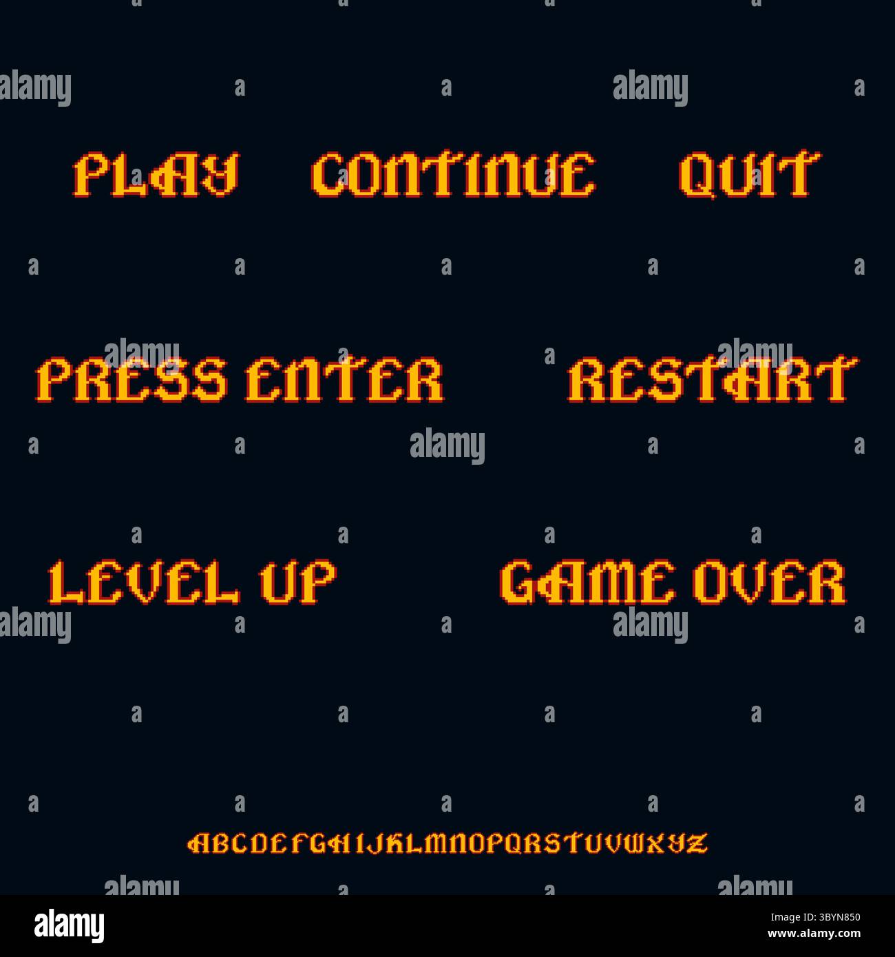 Gothic pixel font with classic game UI phrases like Play, Game Over, and Restart. Stylized retro ...