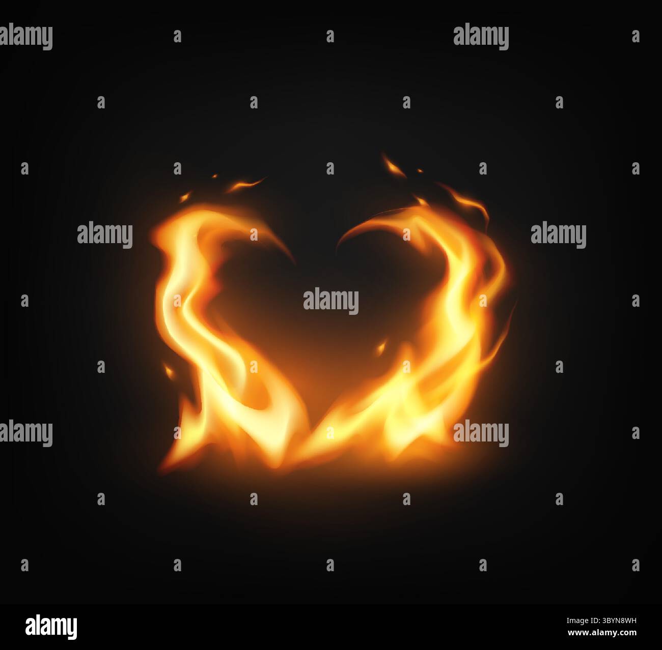 Illustration of heart shaped flames glowing vividly against a dark ...