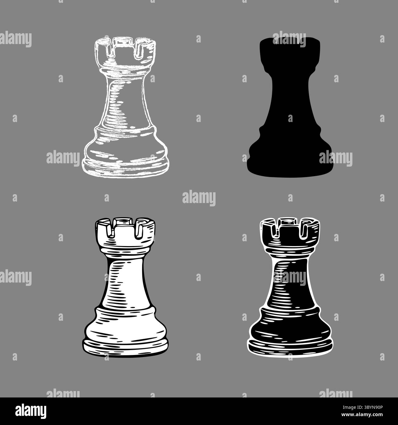 Four artistic versions of a chess rook including hand drawn sketch ...