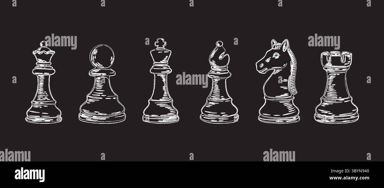 White chalk style drawing of chess pieces on black background. Mimics ...