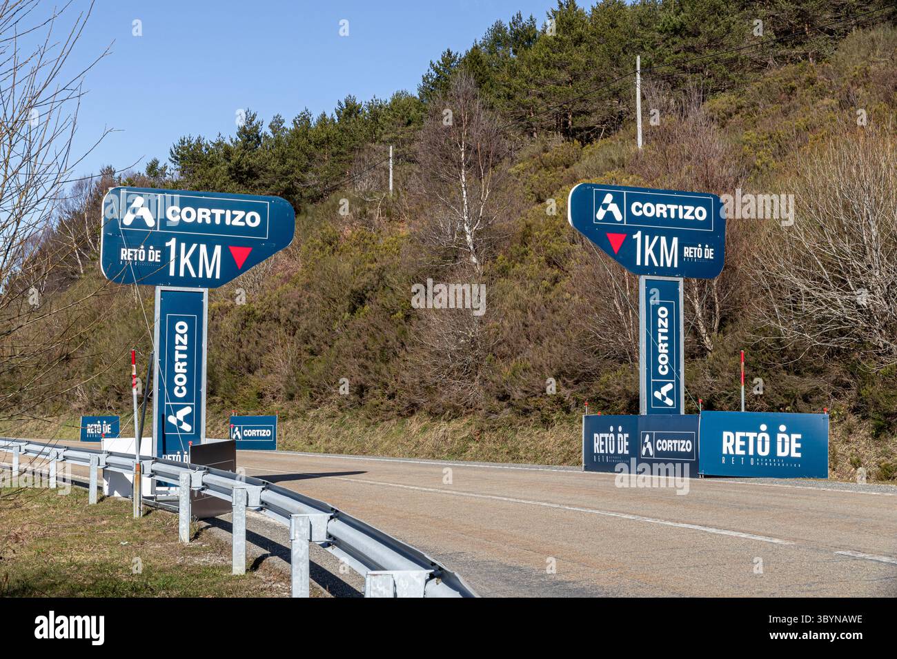 O Cebreiro, Spain. Event structures and banners set up for the finish ...