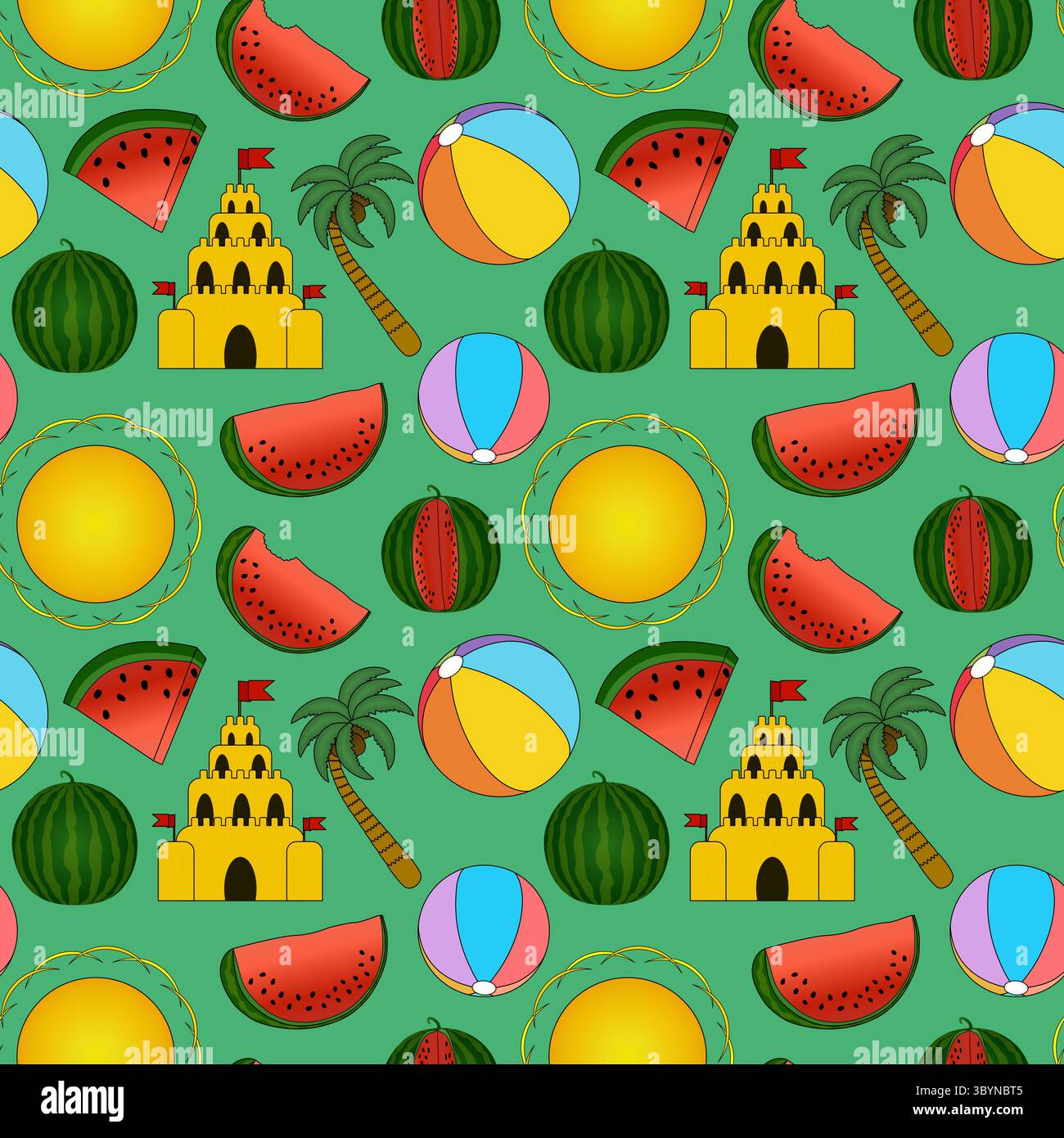 Summer seamless pattern of watermelon, beach ball, sand castle, sun ...