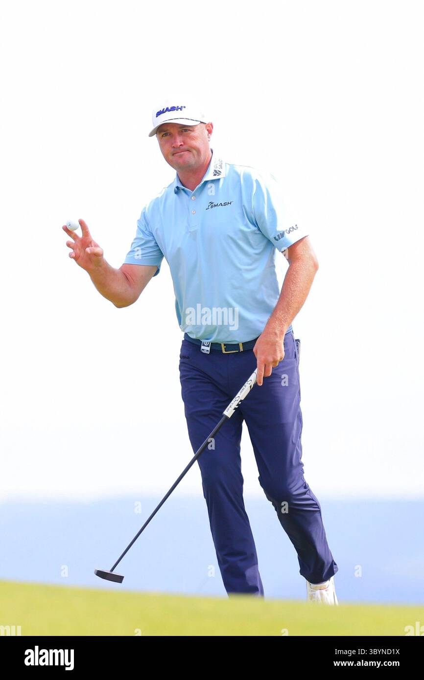 Jason Kokrak of Smash GC reacts after his putt on the fifth green ...