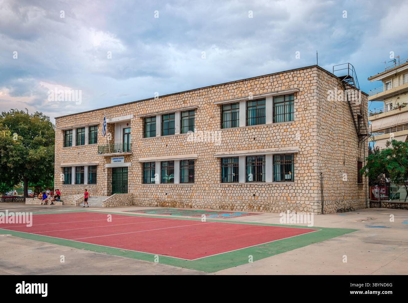 The facade of the 1st primary school of Komotini, Greece, a two-story ...