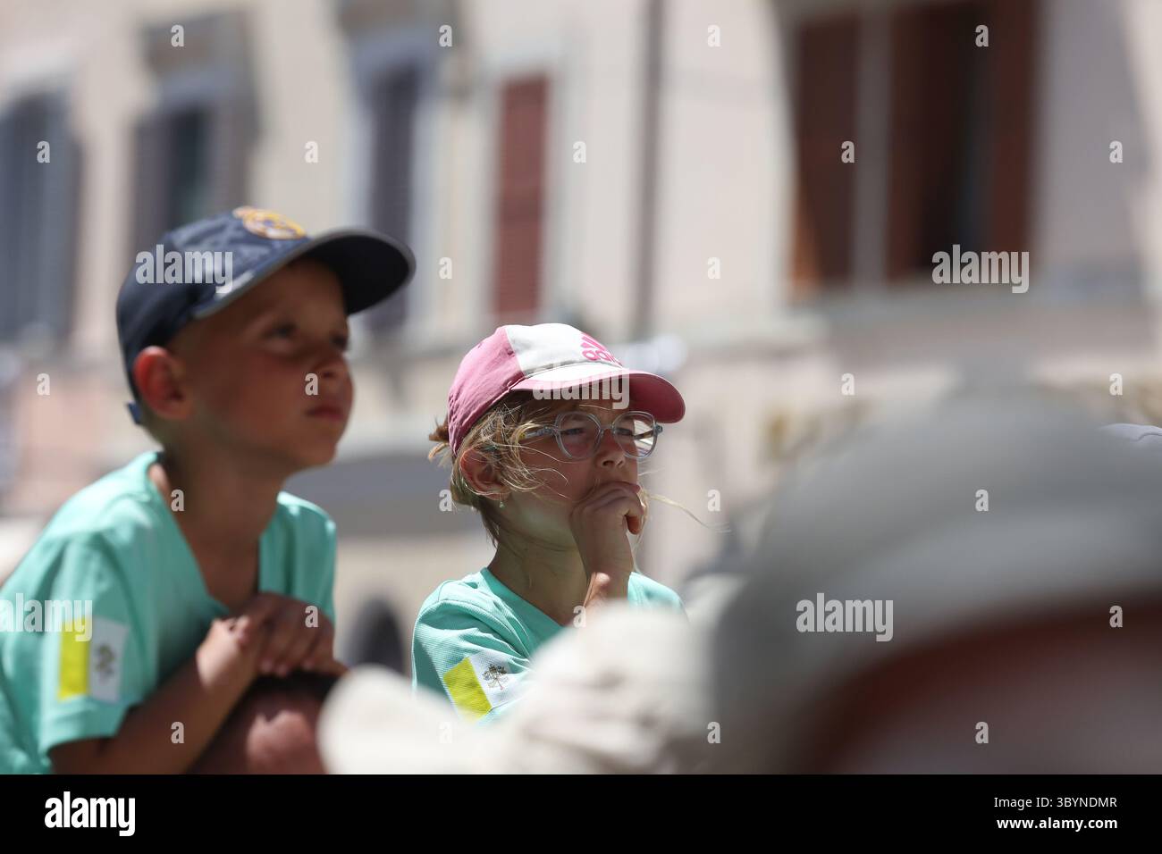 Castelgandolfo, Italy, July 20, 2025: Children listen to the pontiff ...