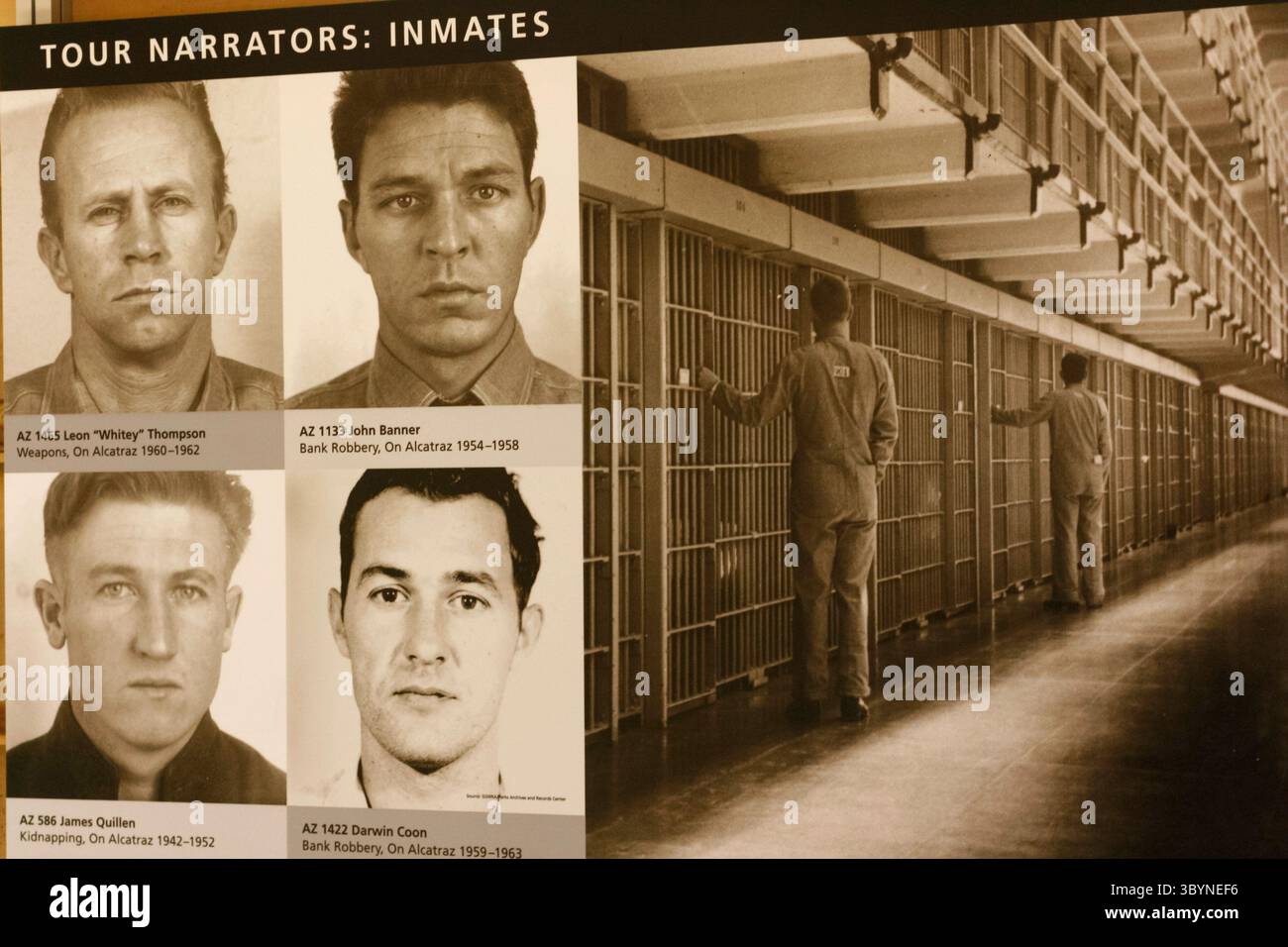 Historical board inside Alcatraz detailing former prisoners and their ...