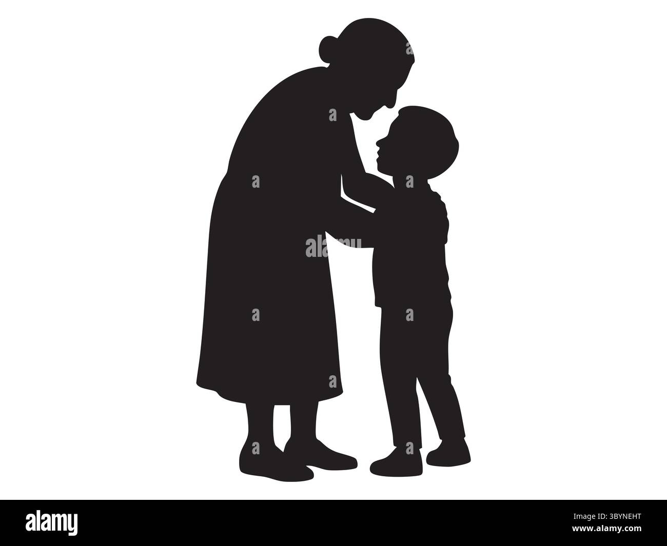 Black silhouette of hugging elderly woman with child isolated on white ...
