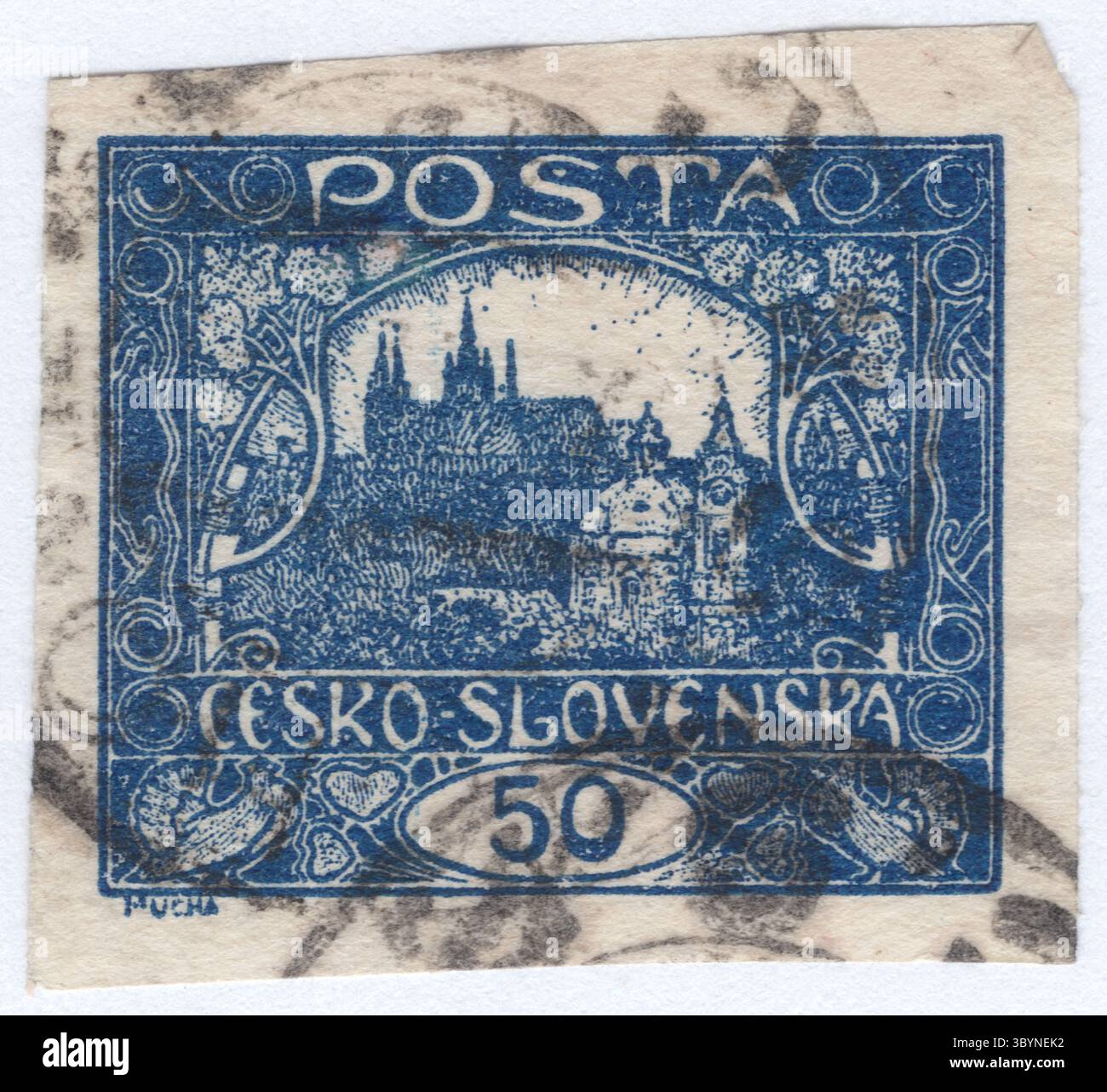 CZECHOSLOVAKIA - 1919 August 19: 50 haléř dark blue postage stamp ...