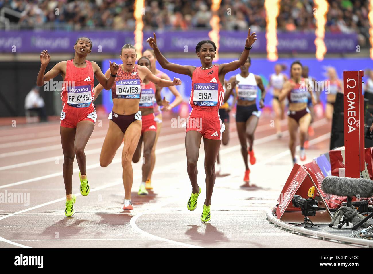 Medina Eisa of Ethiopia crosses the finishing line to win the women’s 5000m race at the Novuna ...