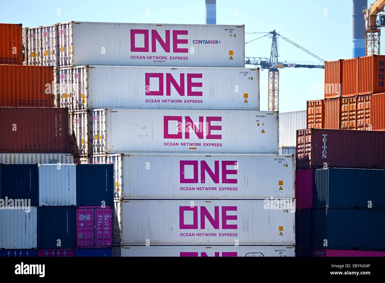 Gestapelte Container im Hamburger Hafen, Deutschland *** Stacked ...