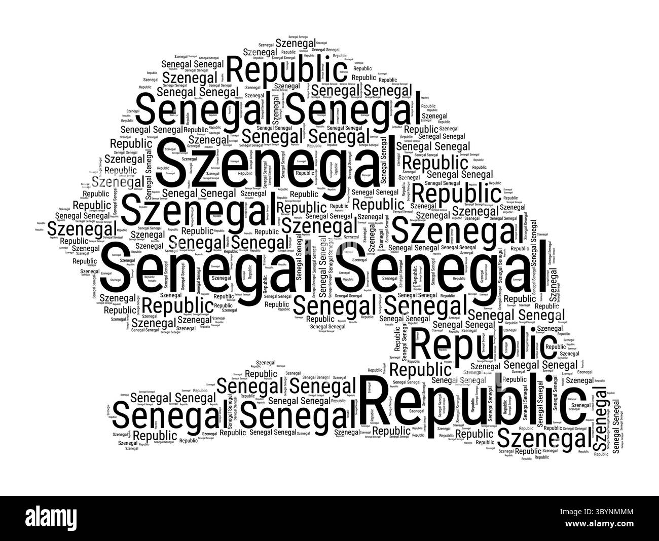 Black and white word cloud in Senegal shape. Simple typography style ...