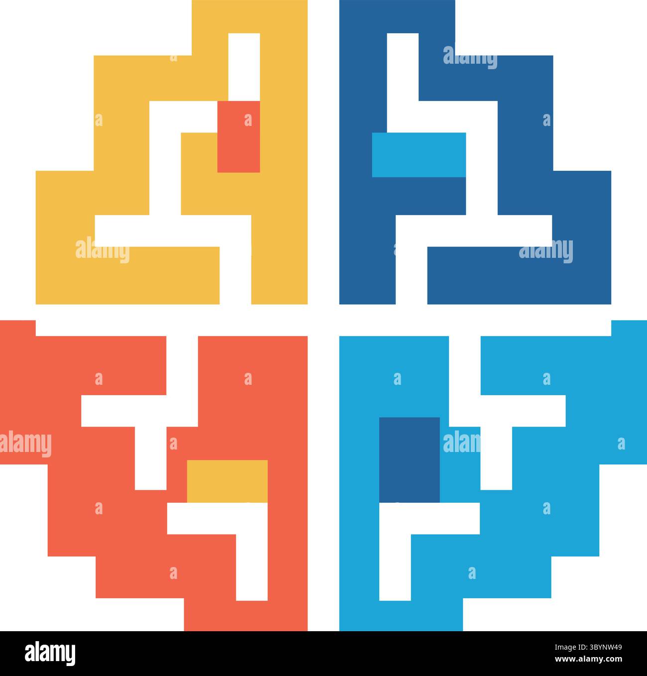 Bold lines and color blocks form the human brain, representing ...