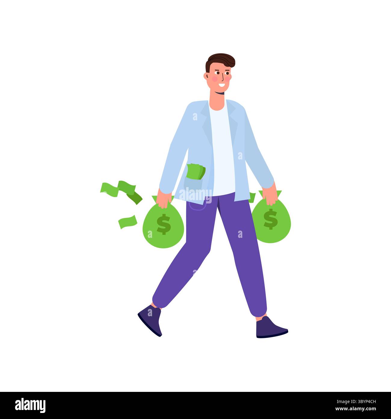 Happy Rich man, businessman character holding cash money bags. Vector ...