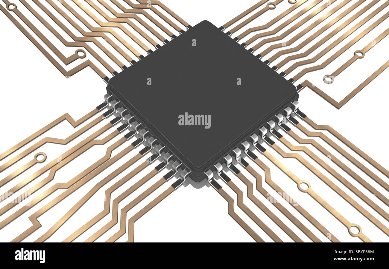 3d microchip, processor on printed circuit board with conductor tracks ...